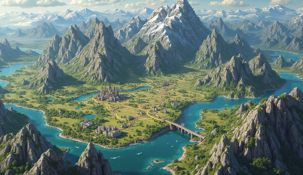 Draw a map of my fantasy world showing rivers, lakes, mountains - SeaArt AI