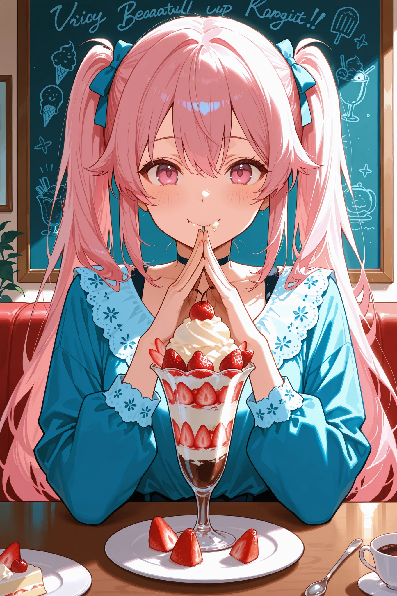 Anime girl with pink hair and pink hair sitting at a table with a ...