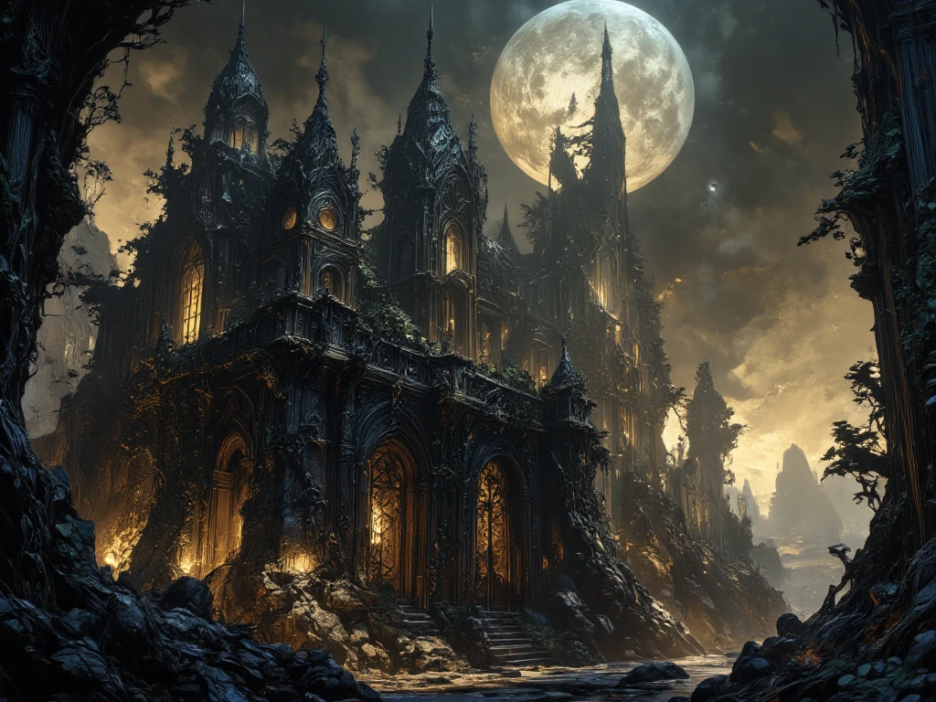 A beautiful gloomy and sinister necromancer's castle, overgrown with ...