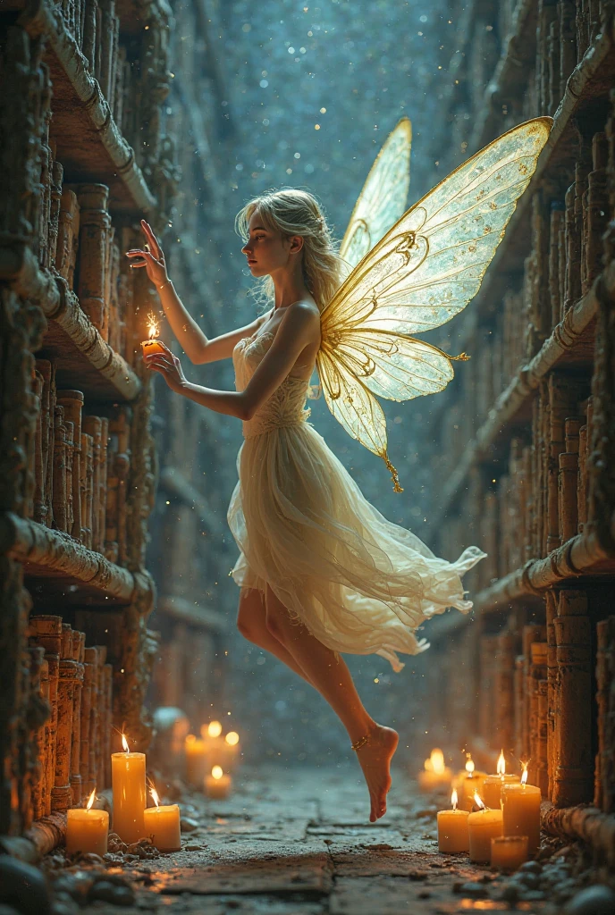 A mystical fairy with glowing wings flies gracefully through an ancient ...