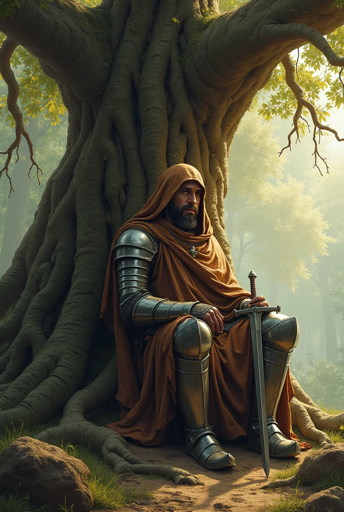 Let a knight in a cloak from ancient times sit on a tree and rest ...