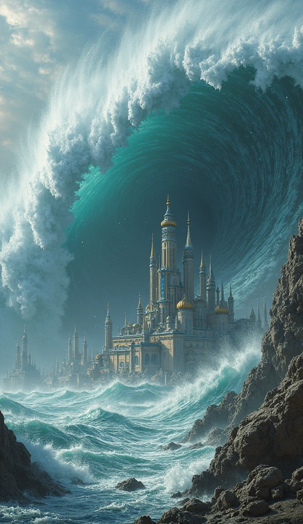 Great tsunami sinking the city of Atlantis - SeaArt AI