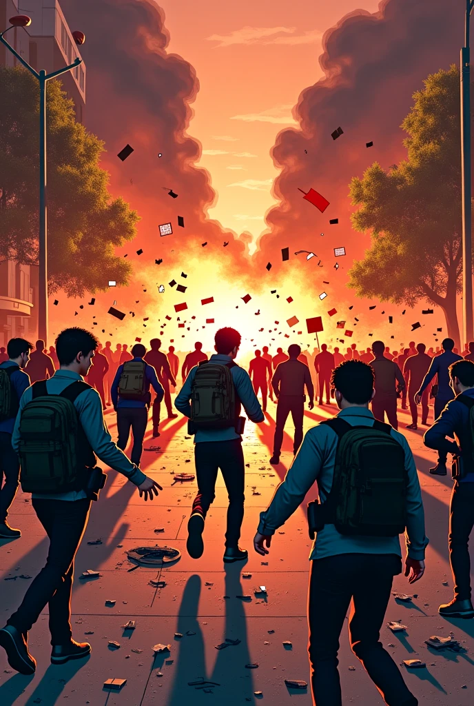 Comic-like shooting in the middle of a student protest under a sunset ...