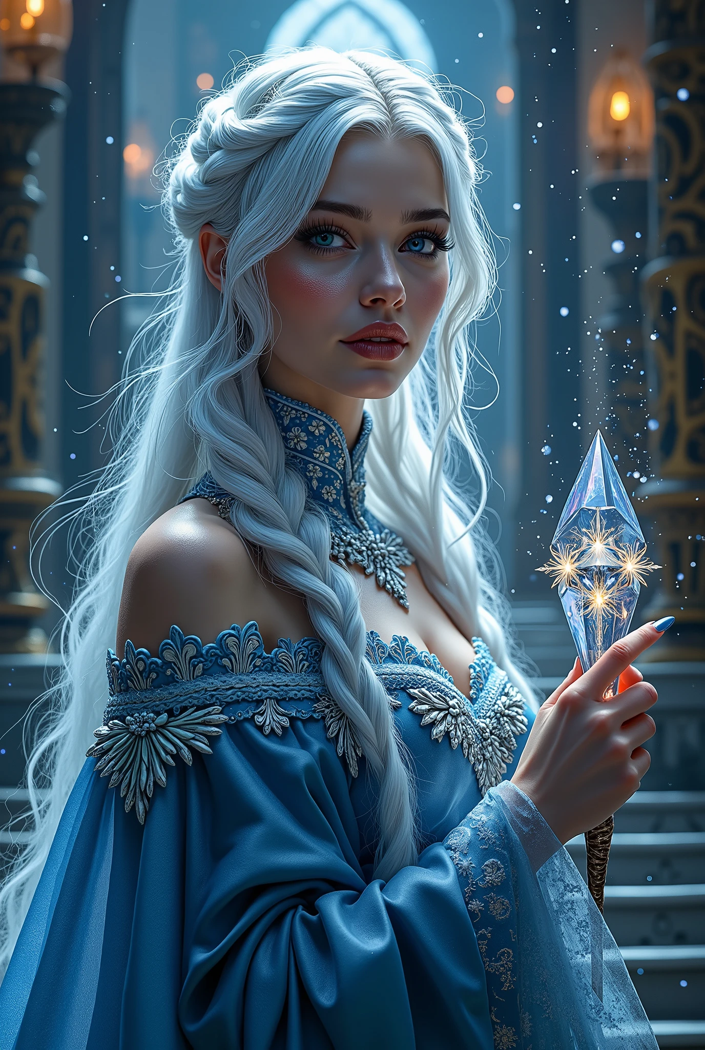 There is a woman with long white hair holding a crystal - SeaArt AI