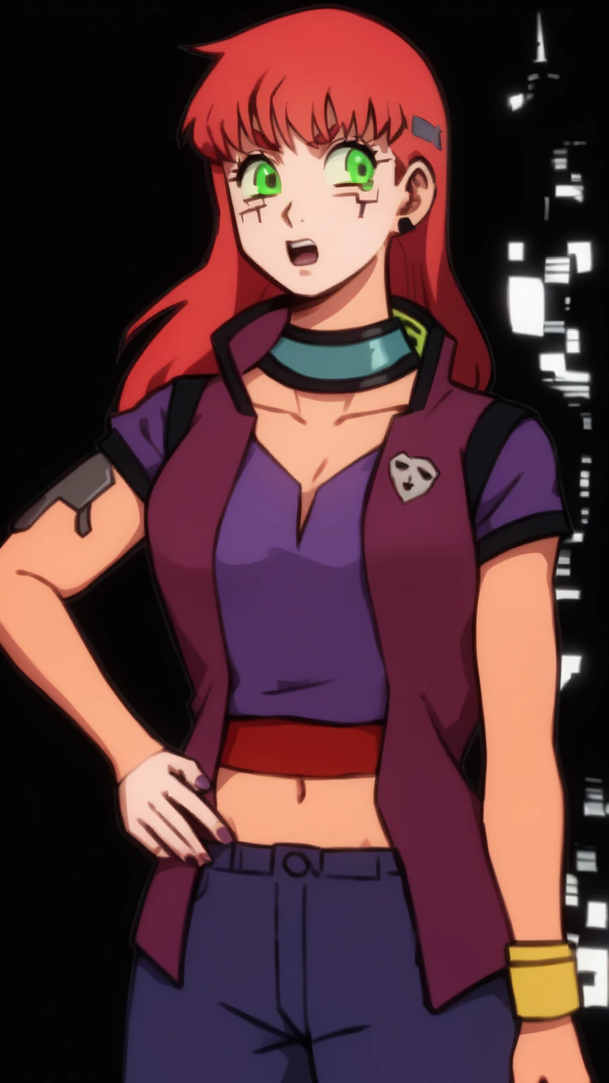 An anime girl with red hair and a purple shirt, Mara Jade, Cyborg ...