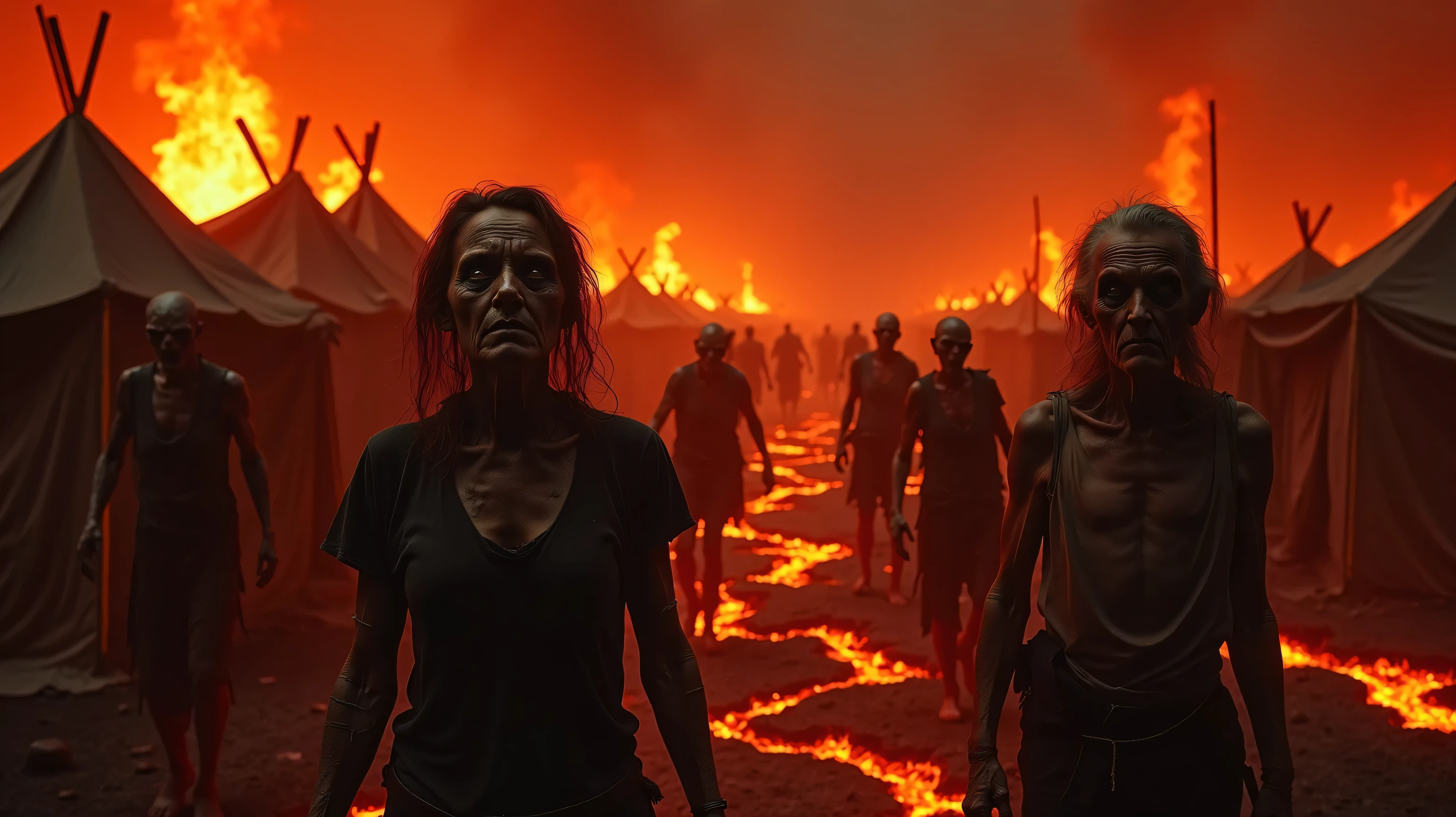 A group of people walking through a fire filled field - SeaArt AI