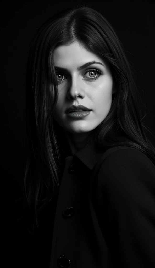 Create a high-contrast black-and-white portrait of an extraordinarily ...