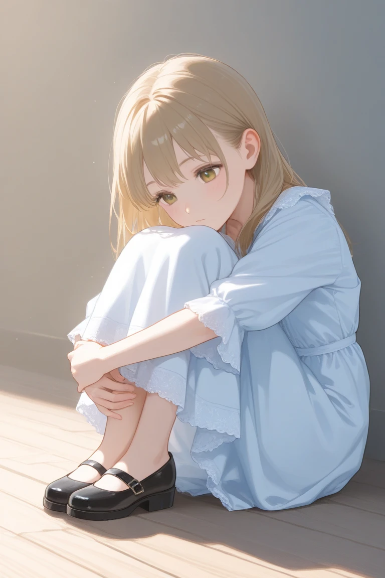 1girl. hugging own legs. sitting. dress - SeaArt AI