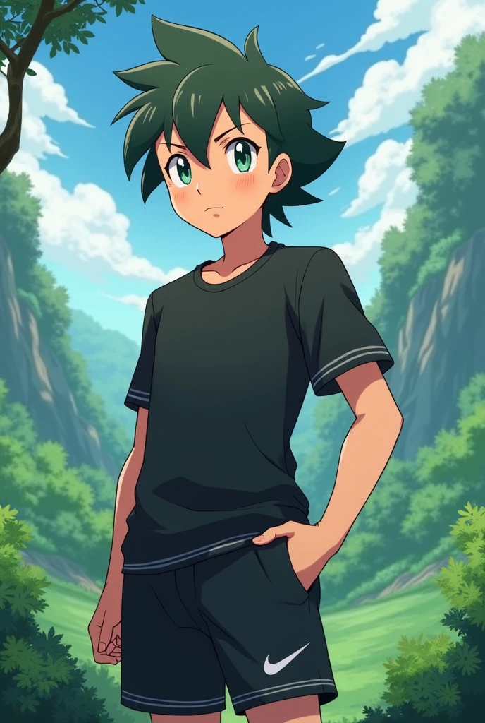 Make a Pokemon trainer with slightly short wavy hair, with black jersey ...