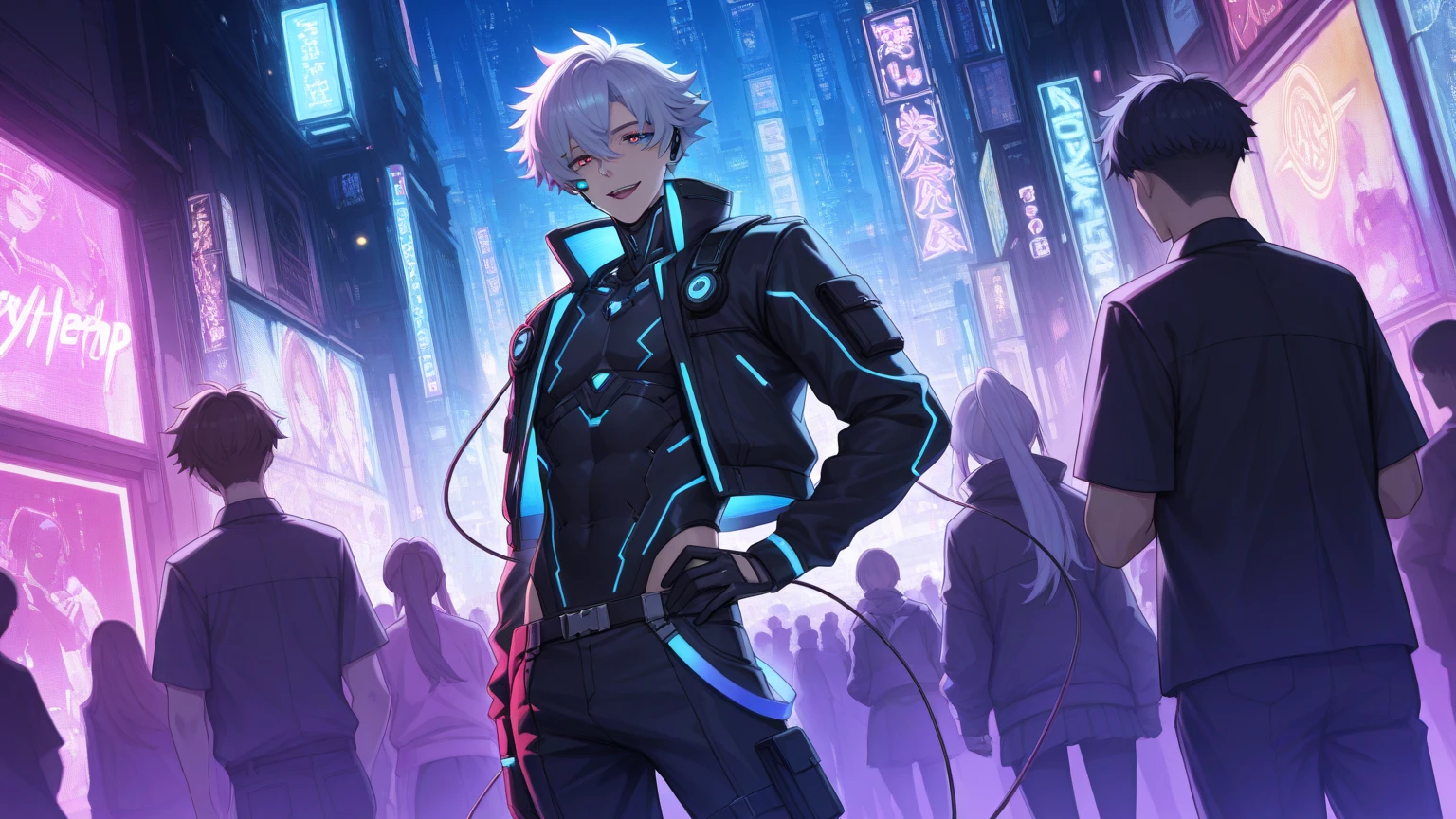 A male hip-hop singer in black holds a microphone on a cyberpunk EDM ...