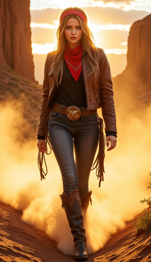 A fiery cowgirl with a red bandana and a determined gaze, striding confidently - SeaArt AI