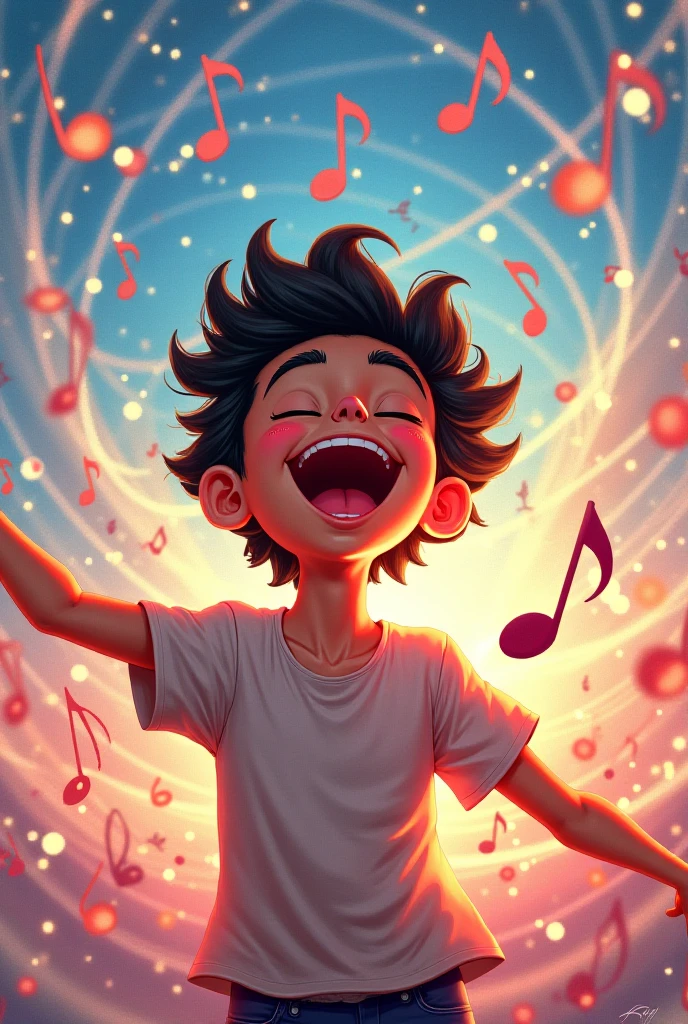 Ren singing with joy and around musical notes - SeaArt AI