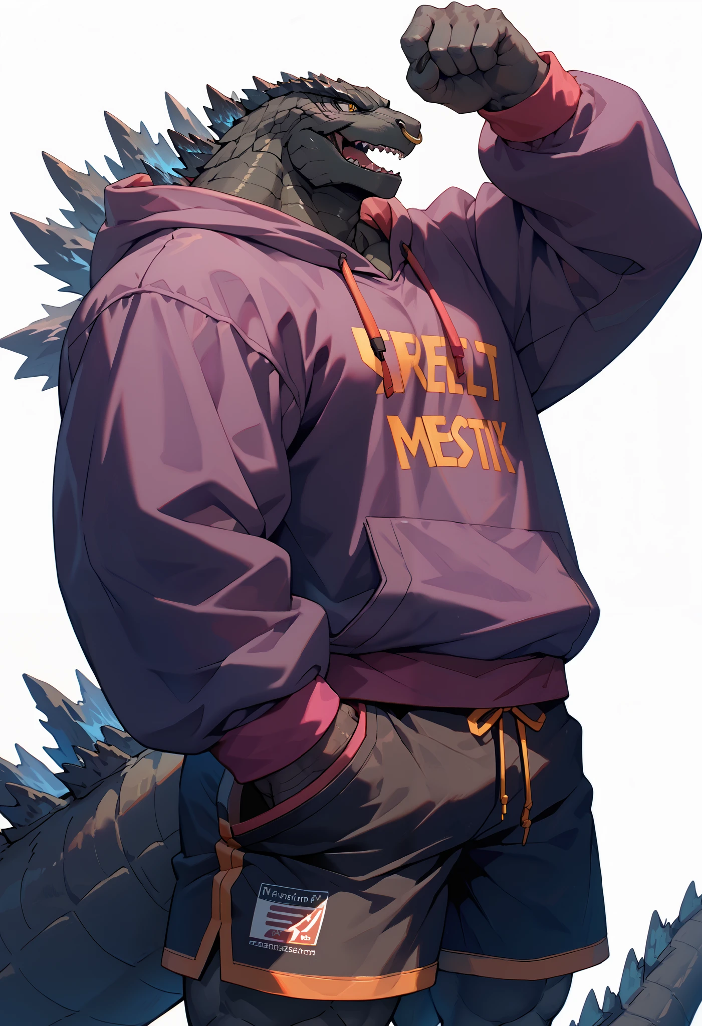 Godzilla with a purple jacket and a red hoodie holding a skateboard ...