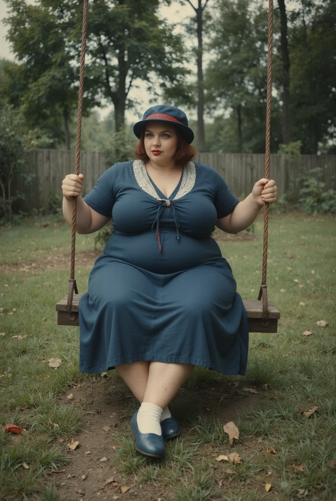 A photo of a giant fat french woman sitting on swings in garden - SeaArt AI