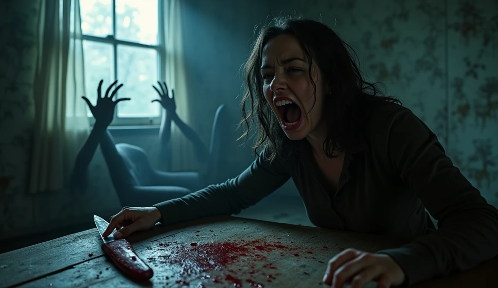 "A hyper-realistic and terrifying scene featuring a woman screaming in ...