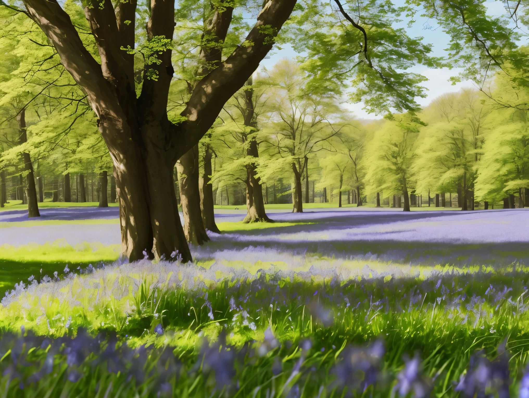 Arafed view of a field of bluebells in a park - SeaArt AI