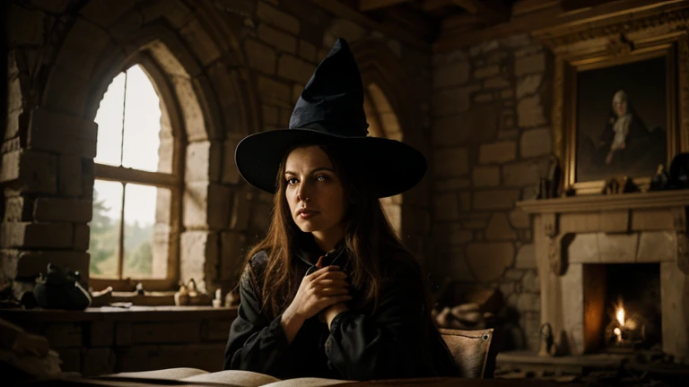 The evil witch in the room of a stone castle in the style of the Middle ...