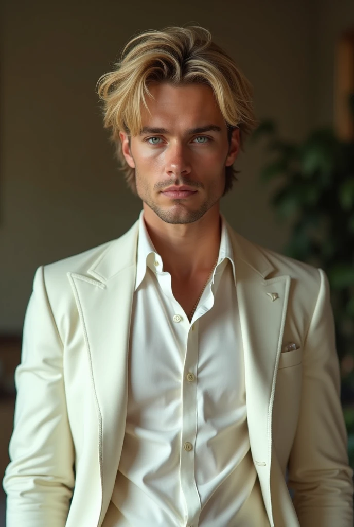 A realistic man dressed in a wheat-skinned white suit with short ...