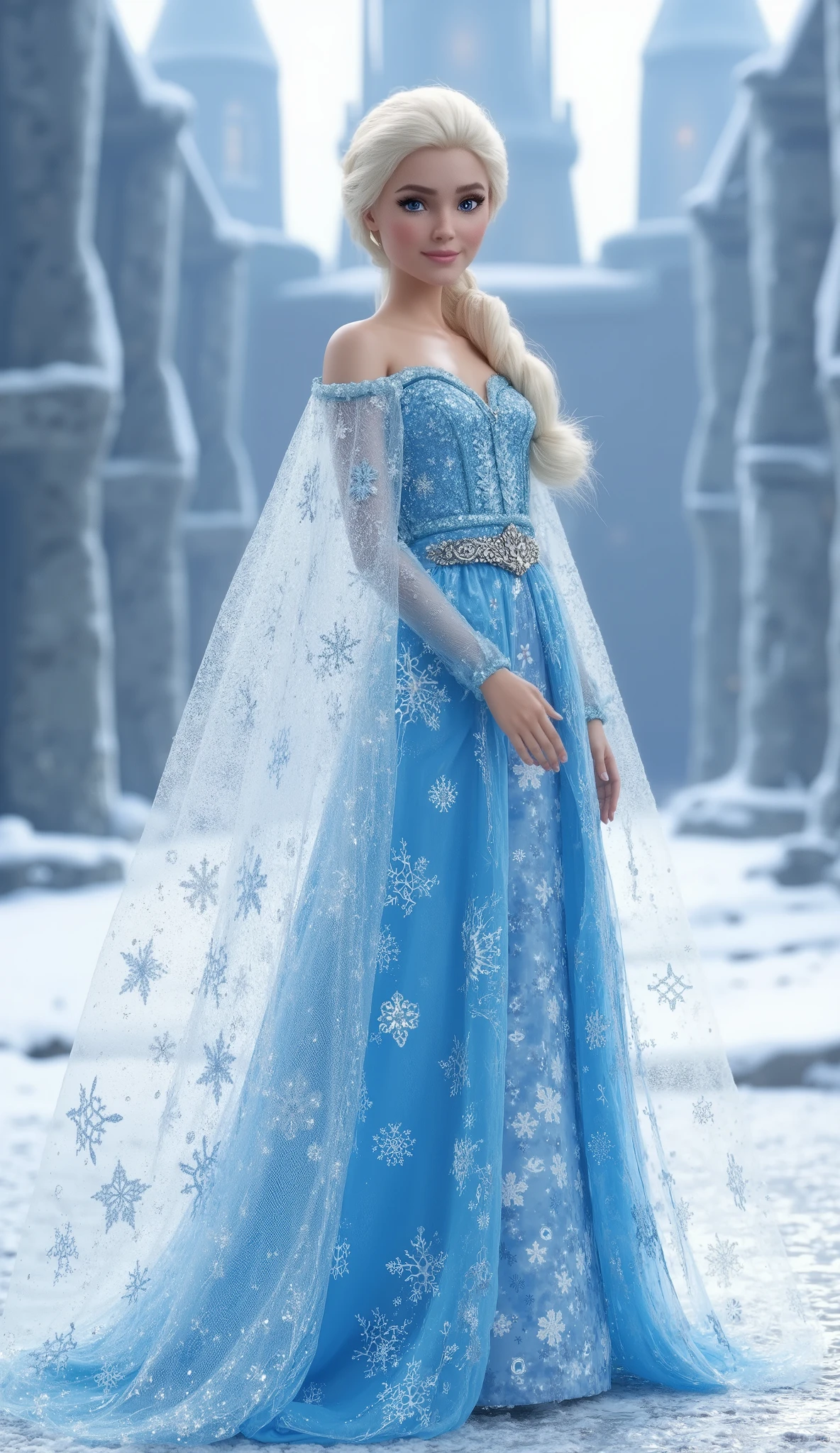A woman in a blue dress is standing in the snow - SeaArt AI