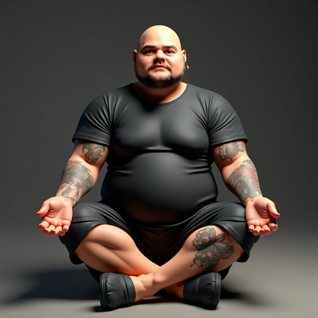 On his arms, a colored resin figure of a fat man sitting cross - SeaArt AI