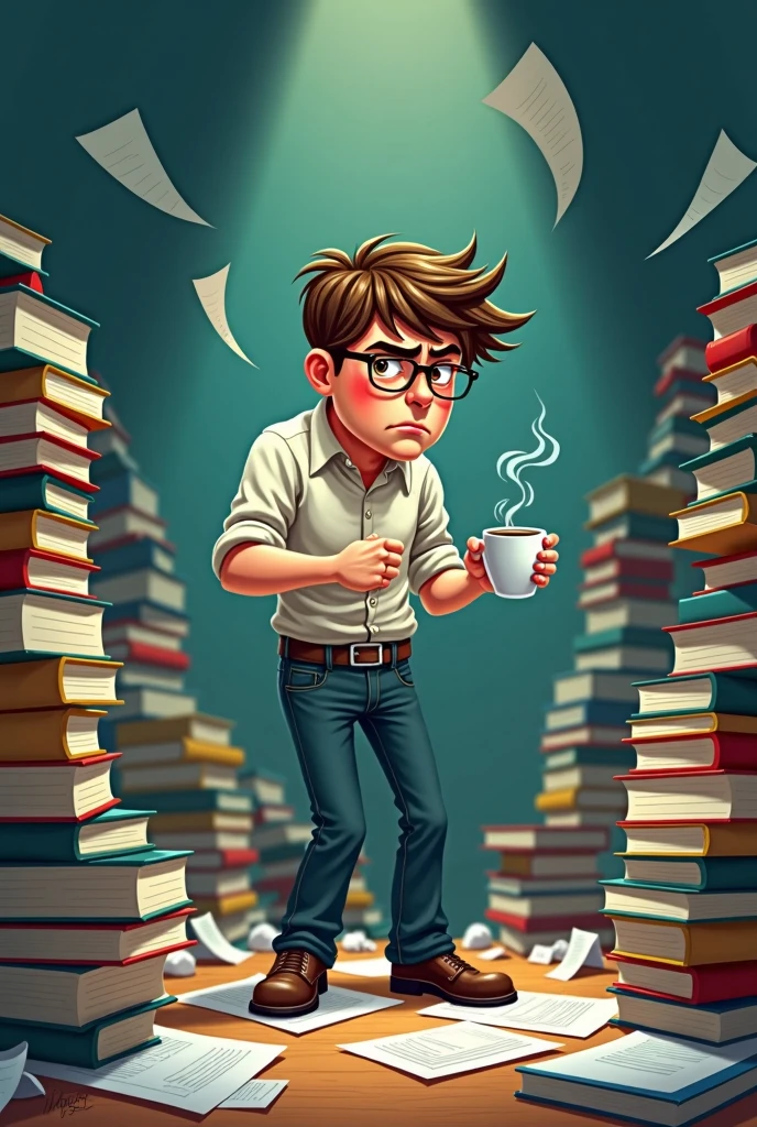 An illustration of an overworked realistic teacher, surrounded by piles ...