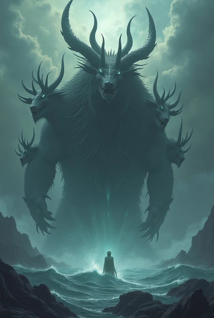Beast emerges from the sea, that had seven heads and ten horns - SeaArt AI