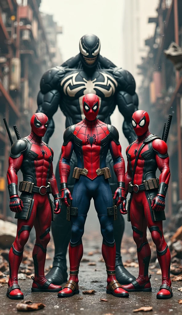 Spiderman, deadpool, Venom standing watching the camera surprised in a ...
