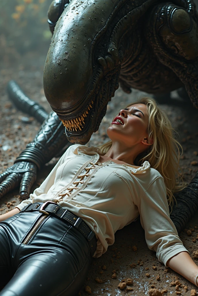 Photo of a blonde sporty female soldier being humiliated by a Xenomorph ...