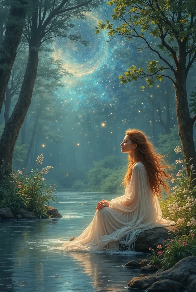 Create a divine goddess with brown hair sitting near a river as magic ...