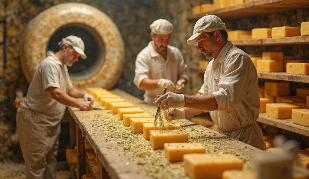 A well-organized work area inside the cheese mine, where small workers ...