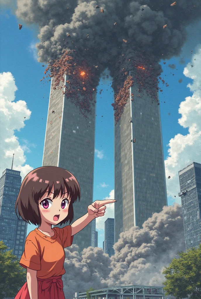 The world trade center collapsing. Anime girl points and laughs - SeaArt AI