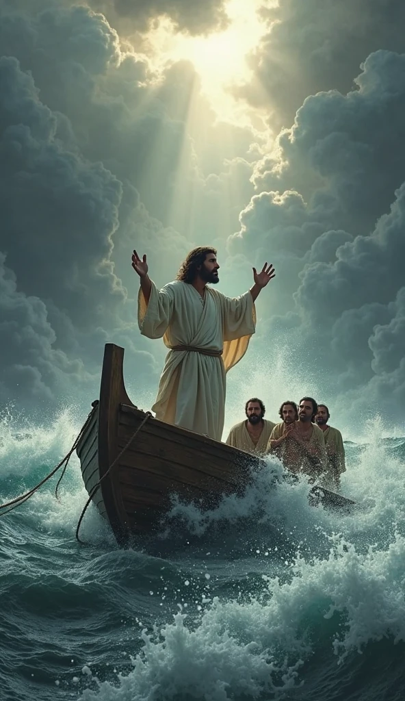 A dramatic scene at sea, where Jesus Christ is standing on the bow of a ...