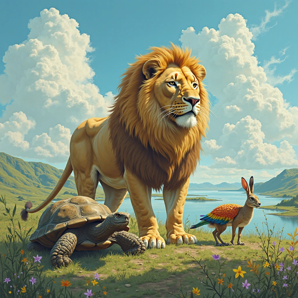 A lion with a turtle, the hare and the parrot - SeaArt AI