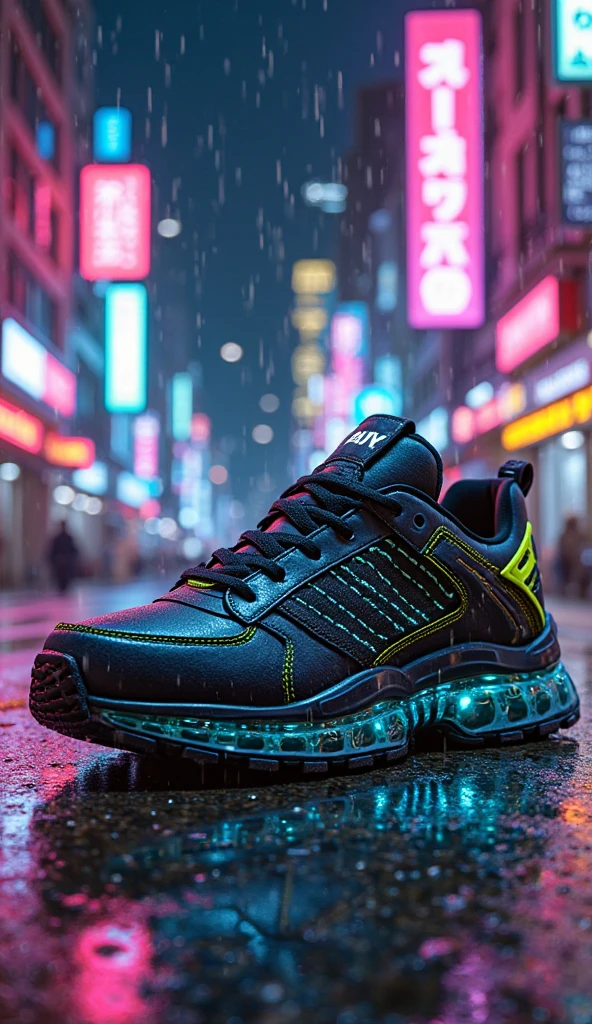 A cyberpunk sneaker, futuristic and rebellious design. Black upper part ...