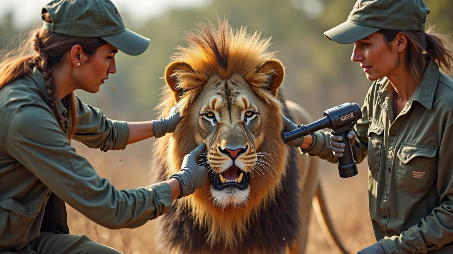 "A worker sprays a non-toxic repellent mist over the lion while another ...