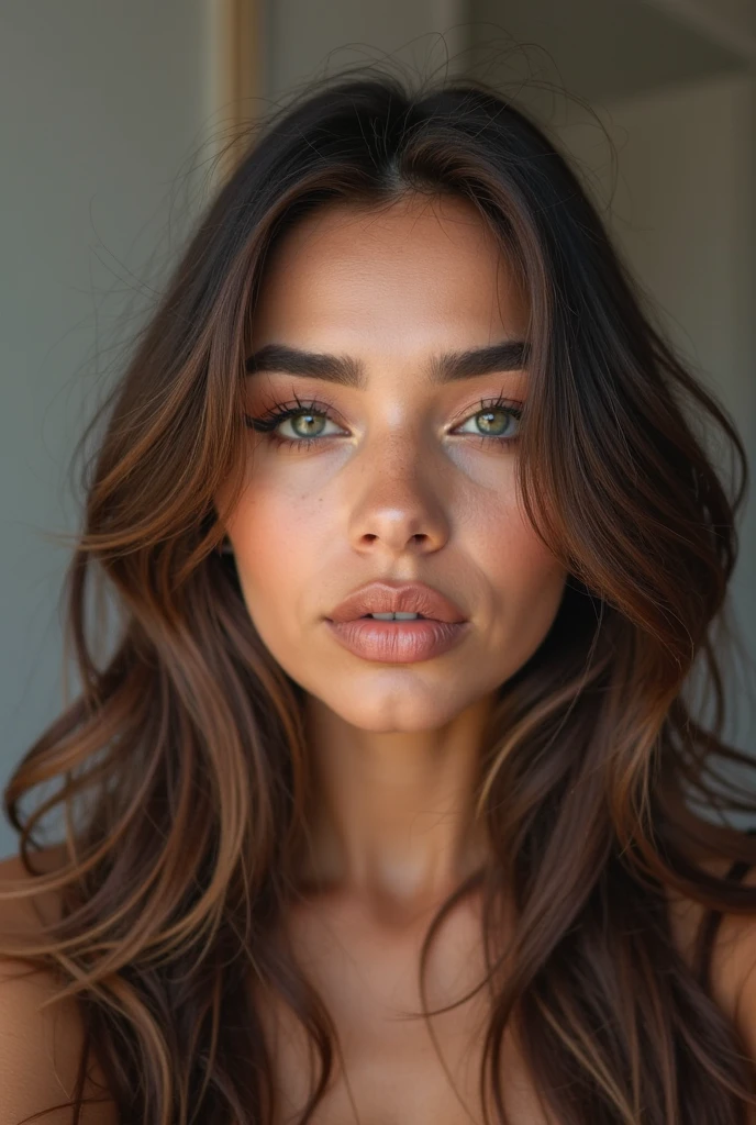 girl, latina make up, brown hair, straith Hair, took half face selfie ...