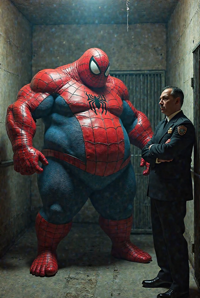 Make a fat Spider-Man, inside a jail cell with a guard relearning him ...
