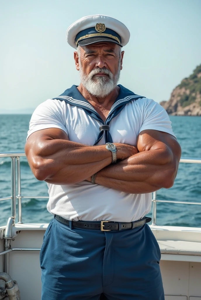 A massively muscular old bodybuilder with huge muscles. He has gray ...