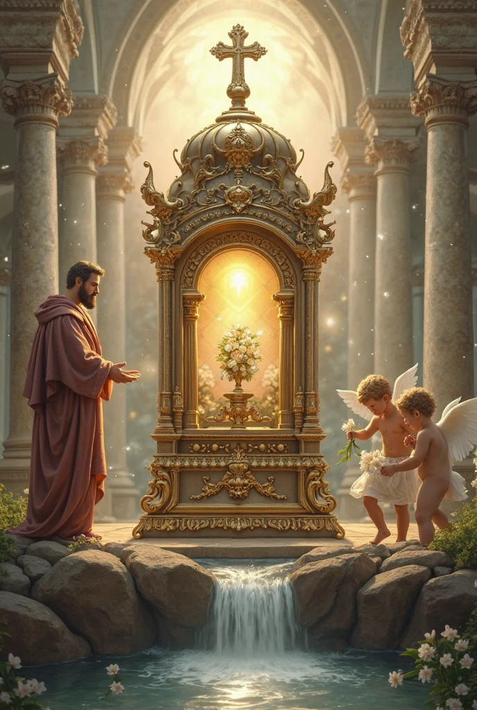 Metal tabernacle with the Most Holy Eucharist with a light stream of ...