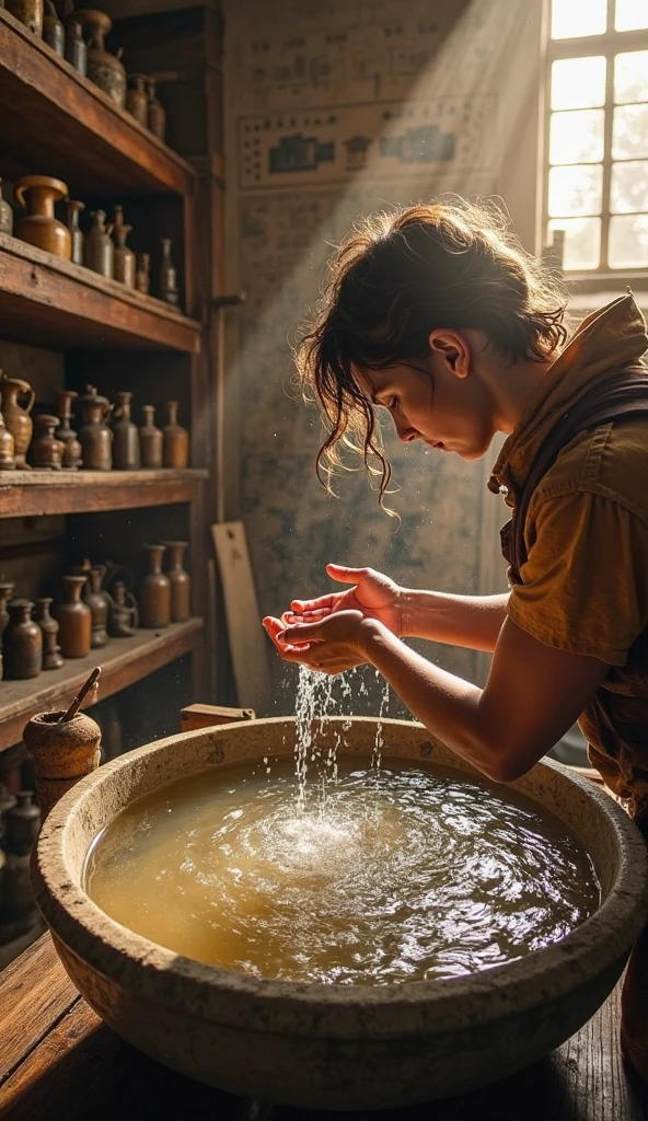 A first-person view of an apprentice washing their face in a stone ...