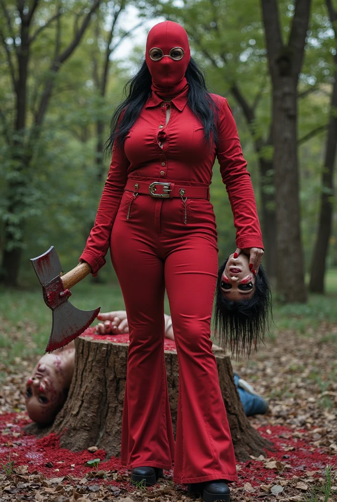 Red full face creepy balaclava curvy female. - She wears long red tight ...