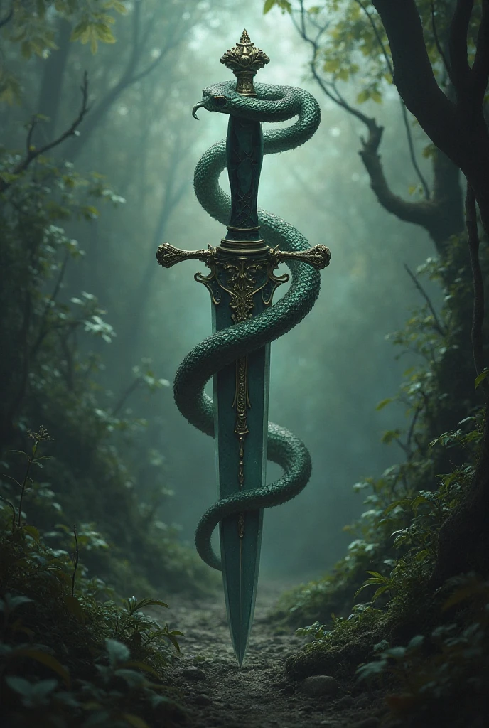 Snake curling up in a dagger, In the background and blurry you can see ...