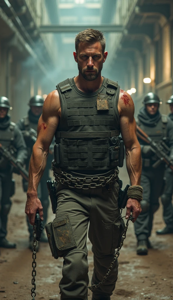 "A hyper-realistic, cinematic action scene featuring a rugged and ...