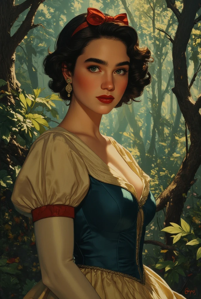 Jennifer Connelly as Disney's Snow White, short hair, she wears a ...