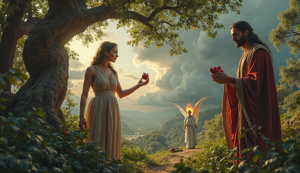 Adam and eve before the Tree of Knowledge, with Eve holding a red fruit ...
