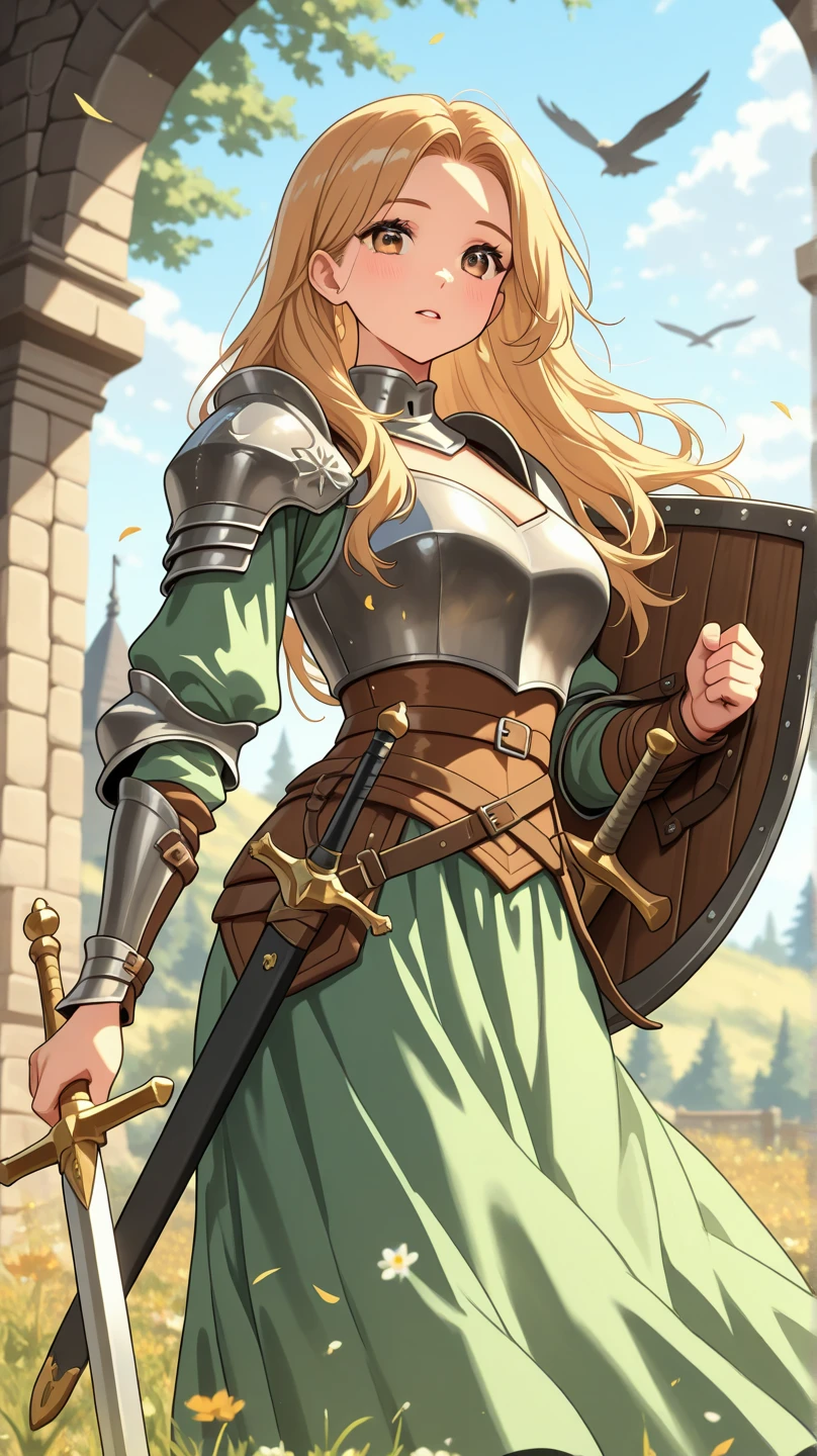 Woman、 medieval knight 、 Gold、Sword in right hand、 shield on left hand ...