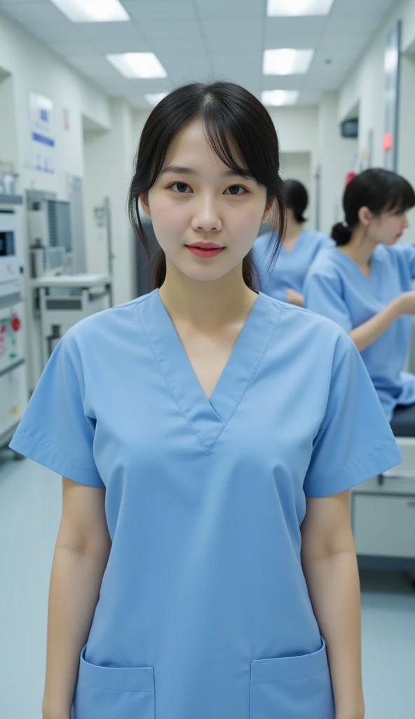 Nurses in their 20s wear medical scrubs、 examination room at a Japanese ...