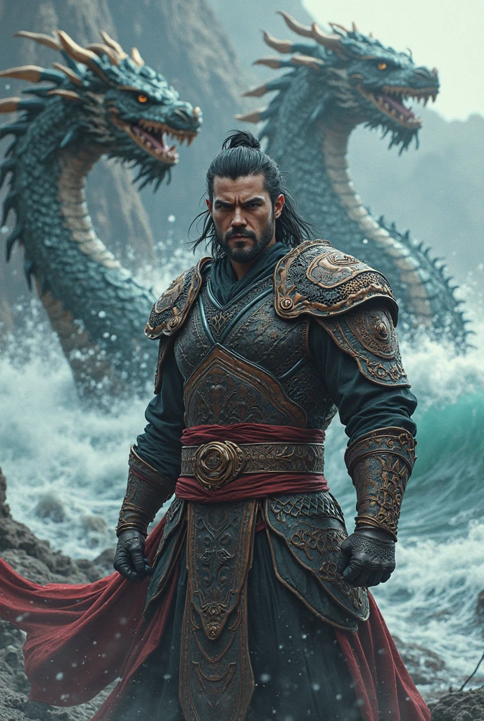 Male black haired white skinned male warrior outfit has big water ...
