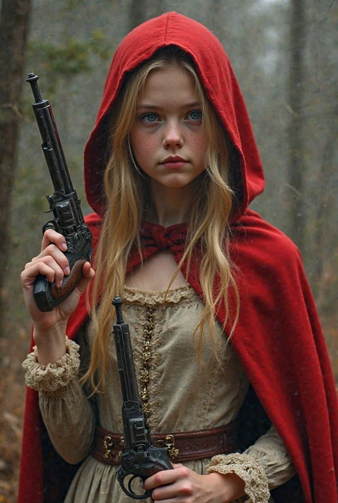 Image of Little Red Riding Hood at 17, holding two old wolf-shaped pistols in th - SeaArt AI