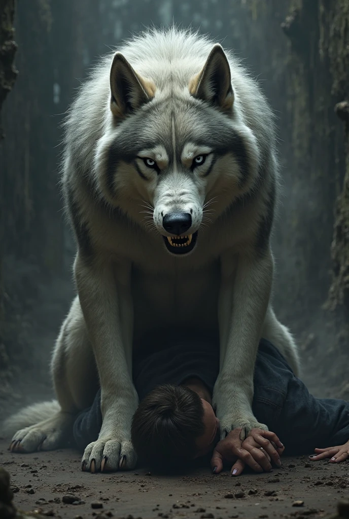 Anthropomorphic Husky, Kneeling on top of a man lying on the floor ...